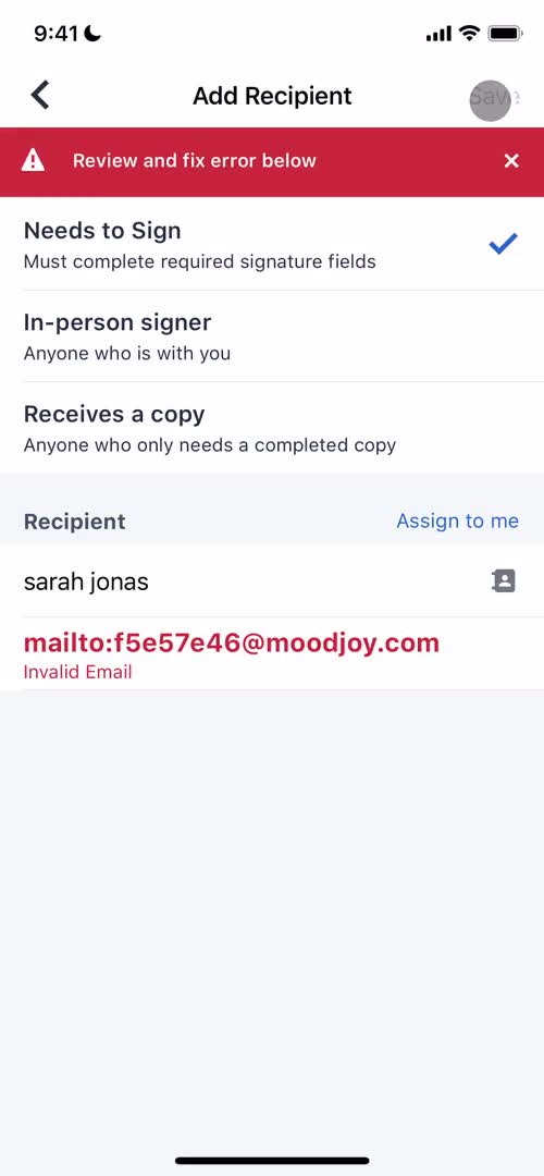 DocuSign Validation Error Screenshot