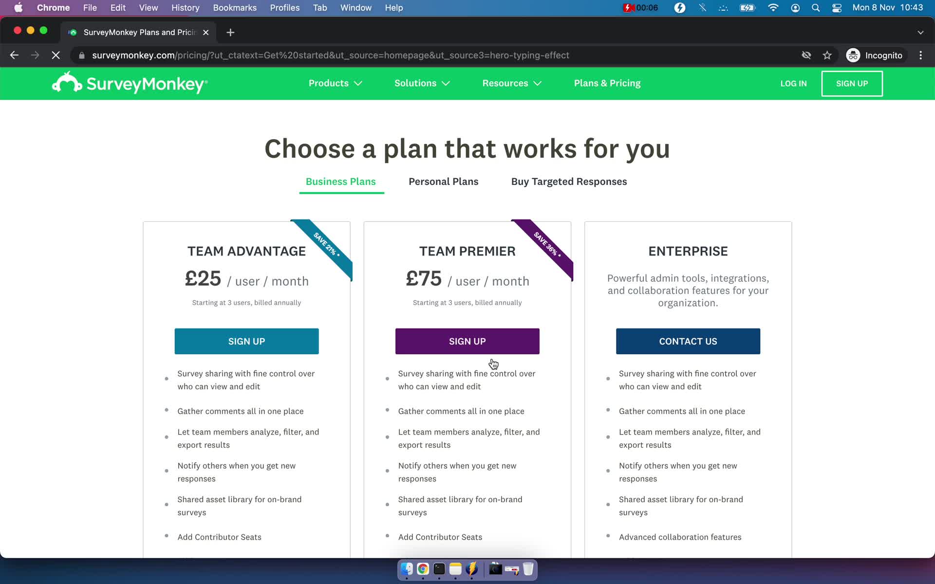 SurveyMonkey Select Plan Screenshot